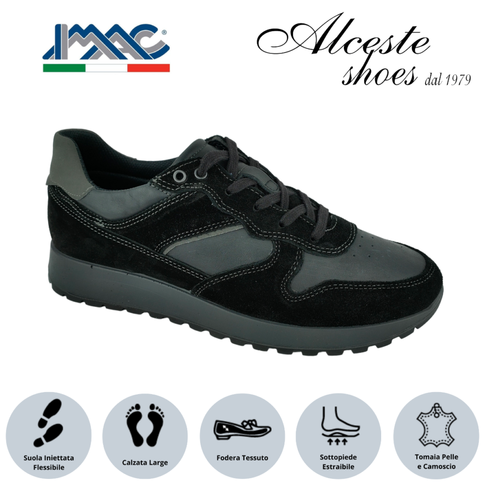 Sneakers Uomo con Lacci "Imac" Art. 253000 in Camoscio e Pelle Nero e ...